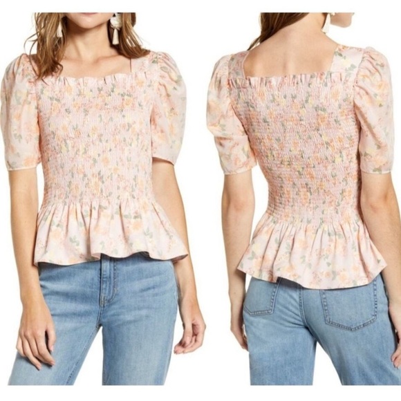 Rachel Parcell | Tops | Rachel Parcell Smocked Peplum Pink Puff Sleeve ...